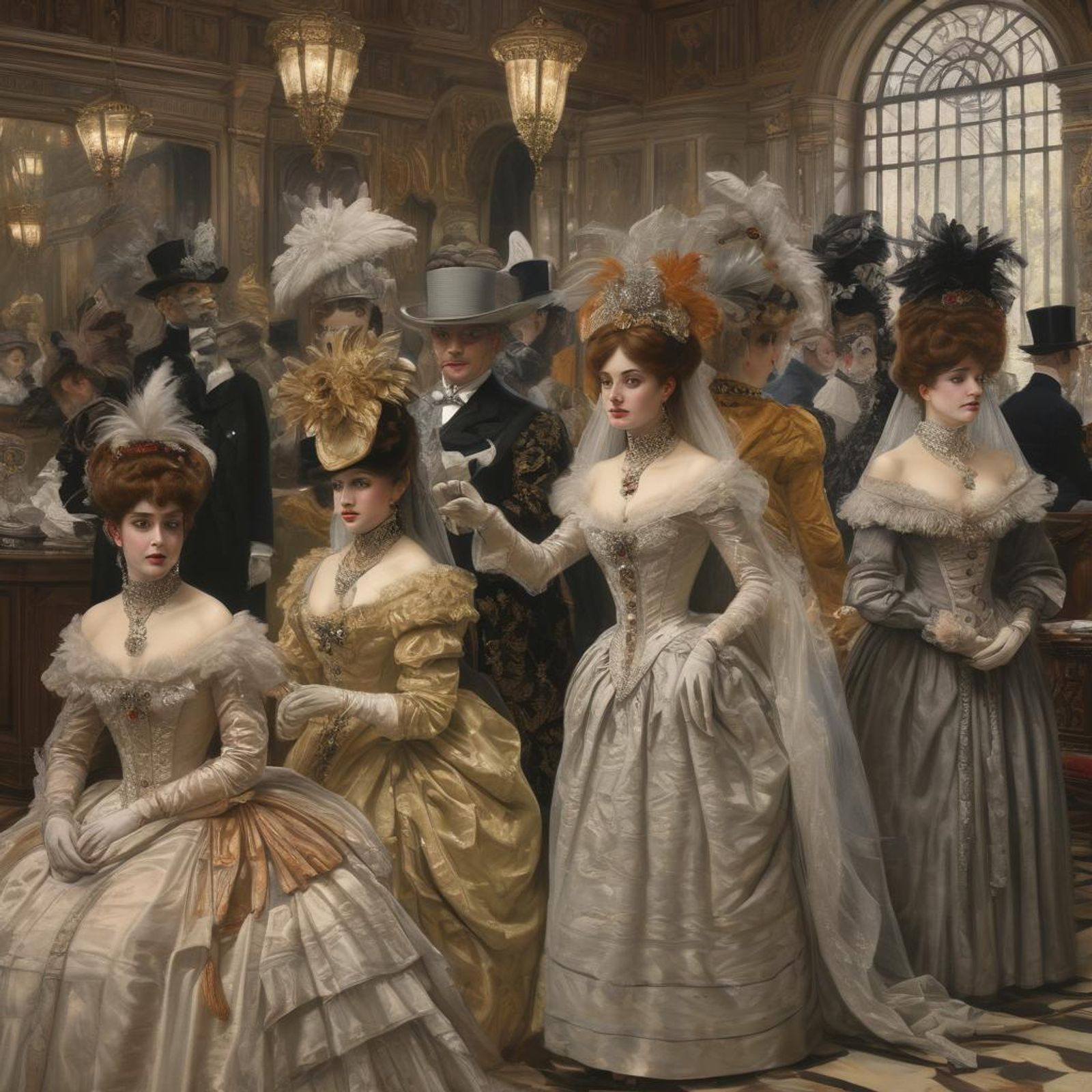 art by James Tissot, indistinct figures concealed behind veils of high ...