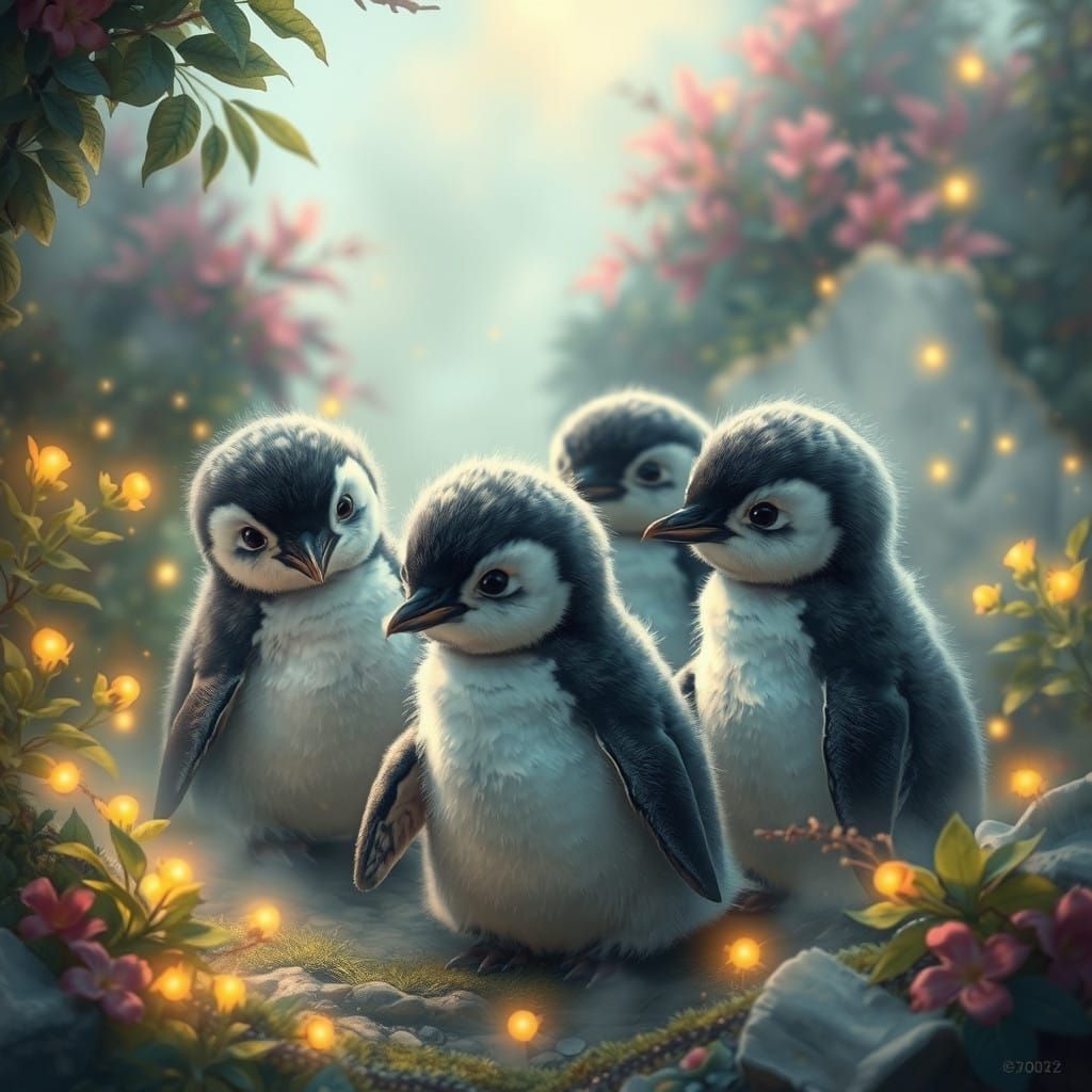 fluffy baby penguins - Enchanted Forest of Fluffy Penguins