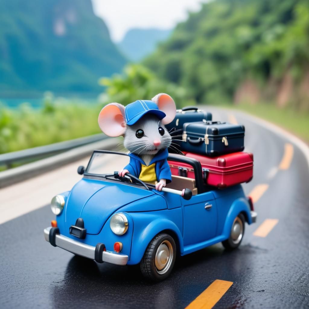 photography, chibi mouse is driving a blue car on road trip with ...