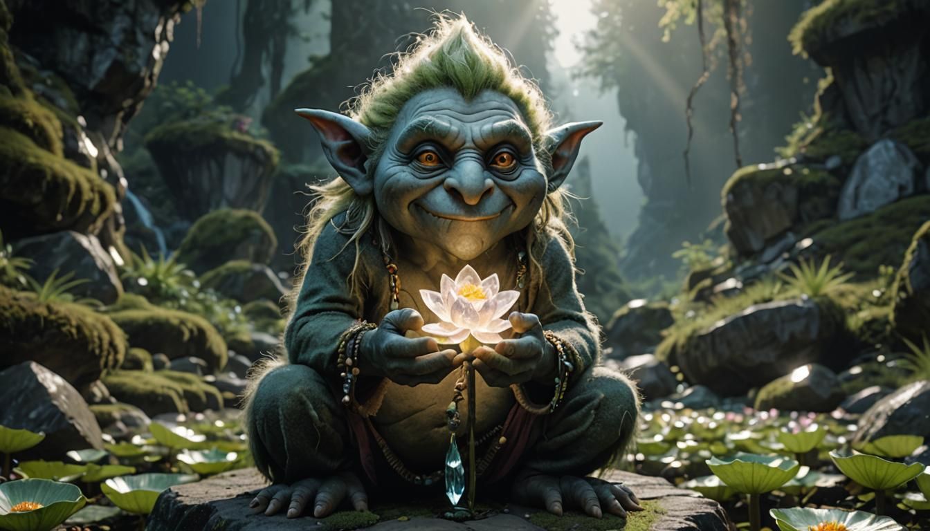 a troll holding a single crystal lotus blossom Cinematic film still ...