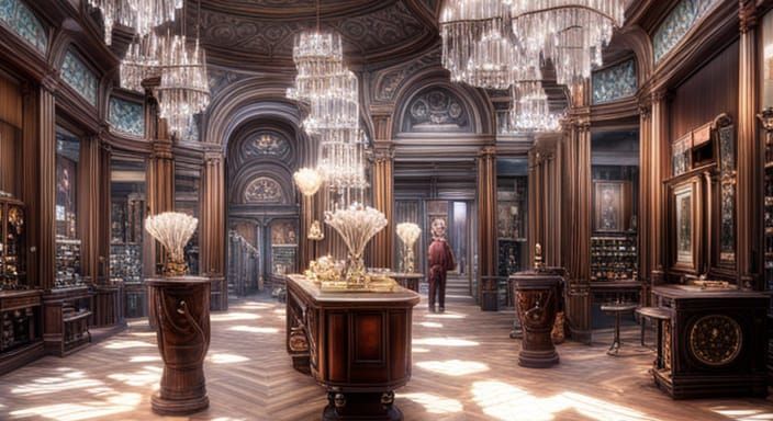 Inside a crystal shop made with crystal and in an old shop with statues ...