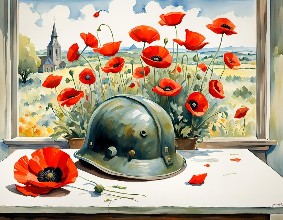 upside-down helmet, filled with poppy-flowers - AI Generated Artwork ...