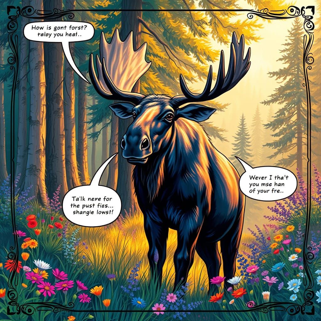 Majestic Moose in Impressionist Forest Comic Strip - AI Art