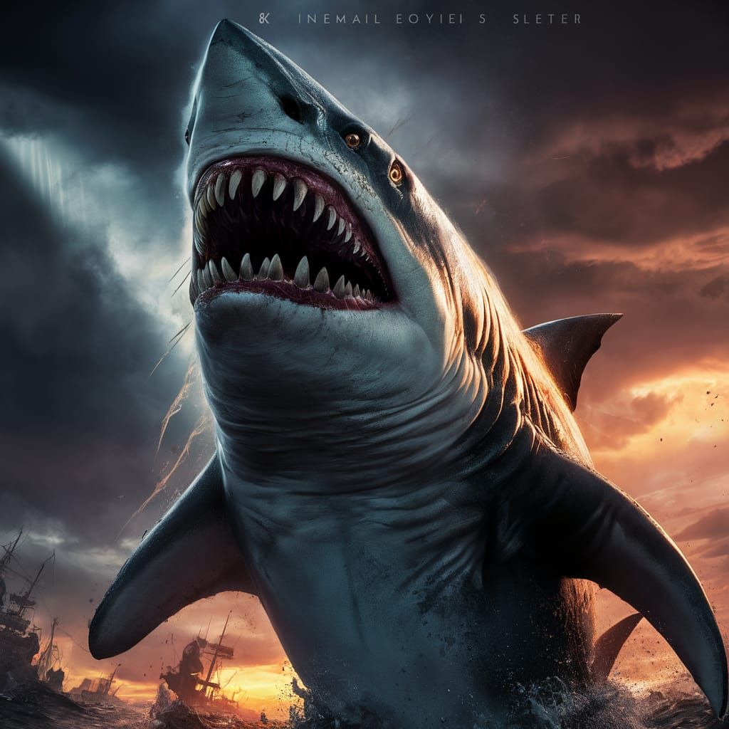 A menacing Shark depicted in a cinematic movie poster style, ominous ...
