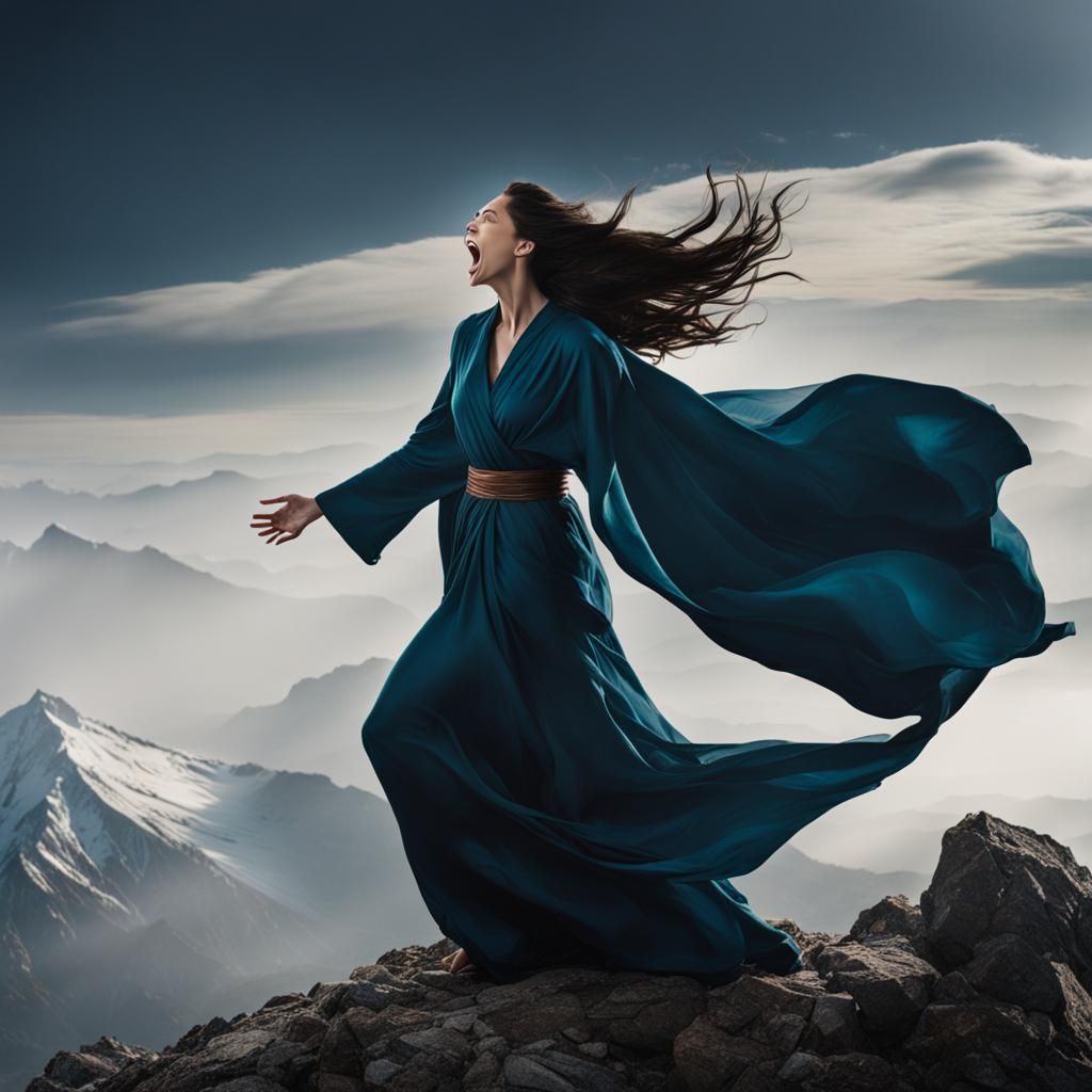 Woman with dark hair screaming on a mountain top. The wind is blowing ...