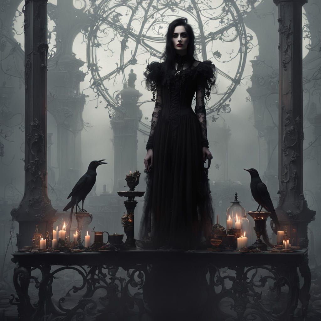 Dark Gothic Fashion Model in Smoky Coffee Shop - AI Art