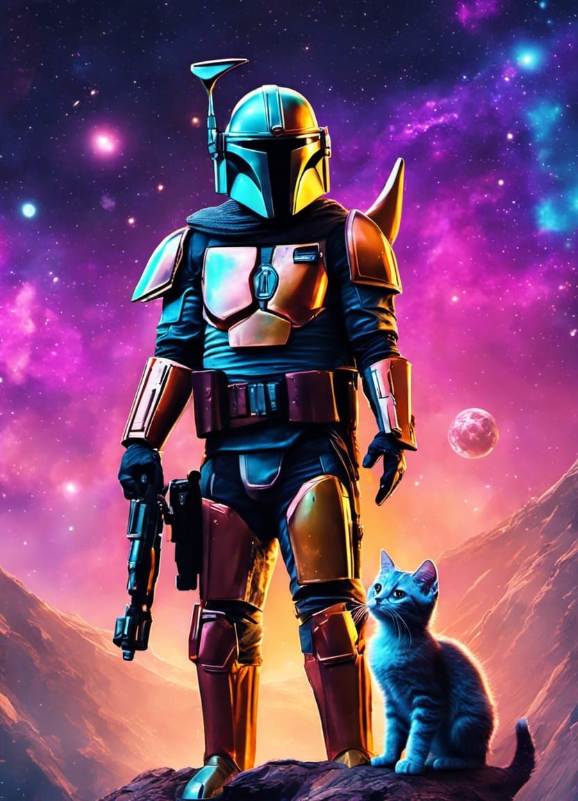 Mandalorian in outer space being guarded by kittens with galaxies in ...