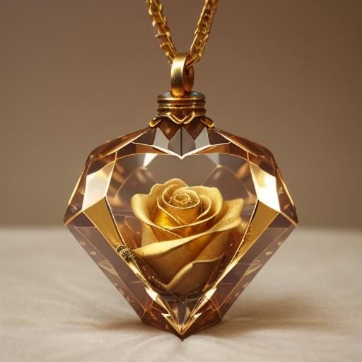 Gold steampunk rose encased in a faceted crystal heart with soft light ...