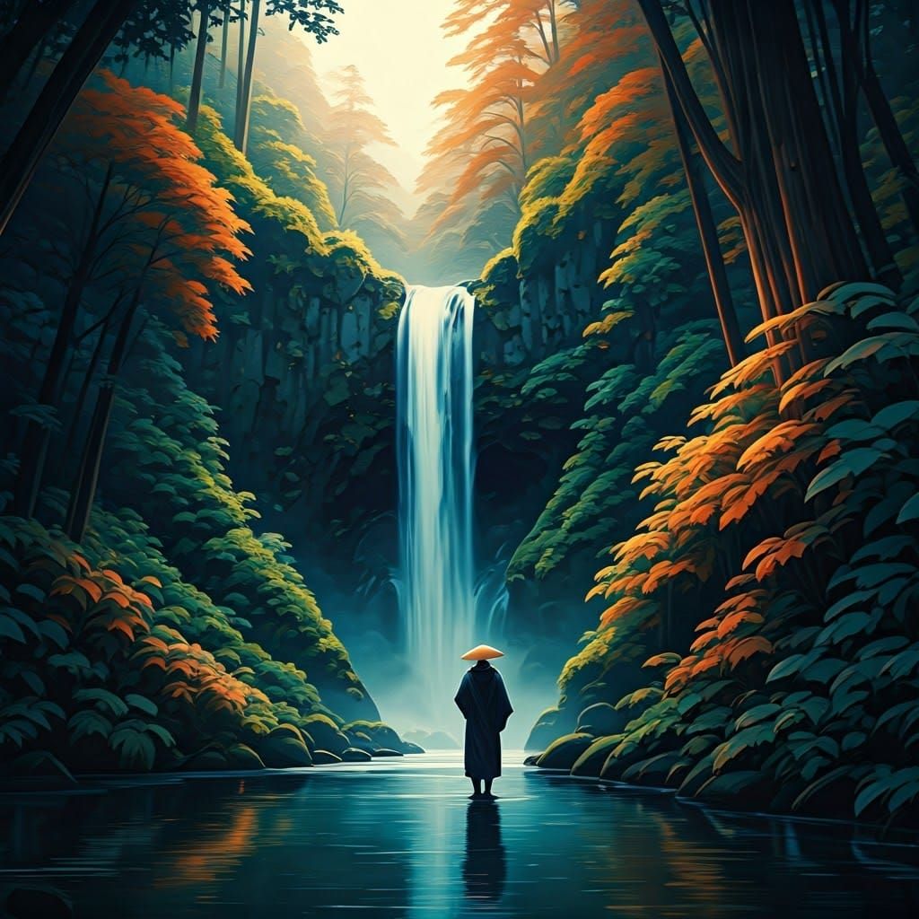 Shugendo, Iga Waterfall - Shugendo Monk Surrounded by Lush G...