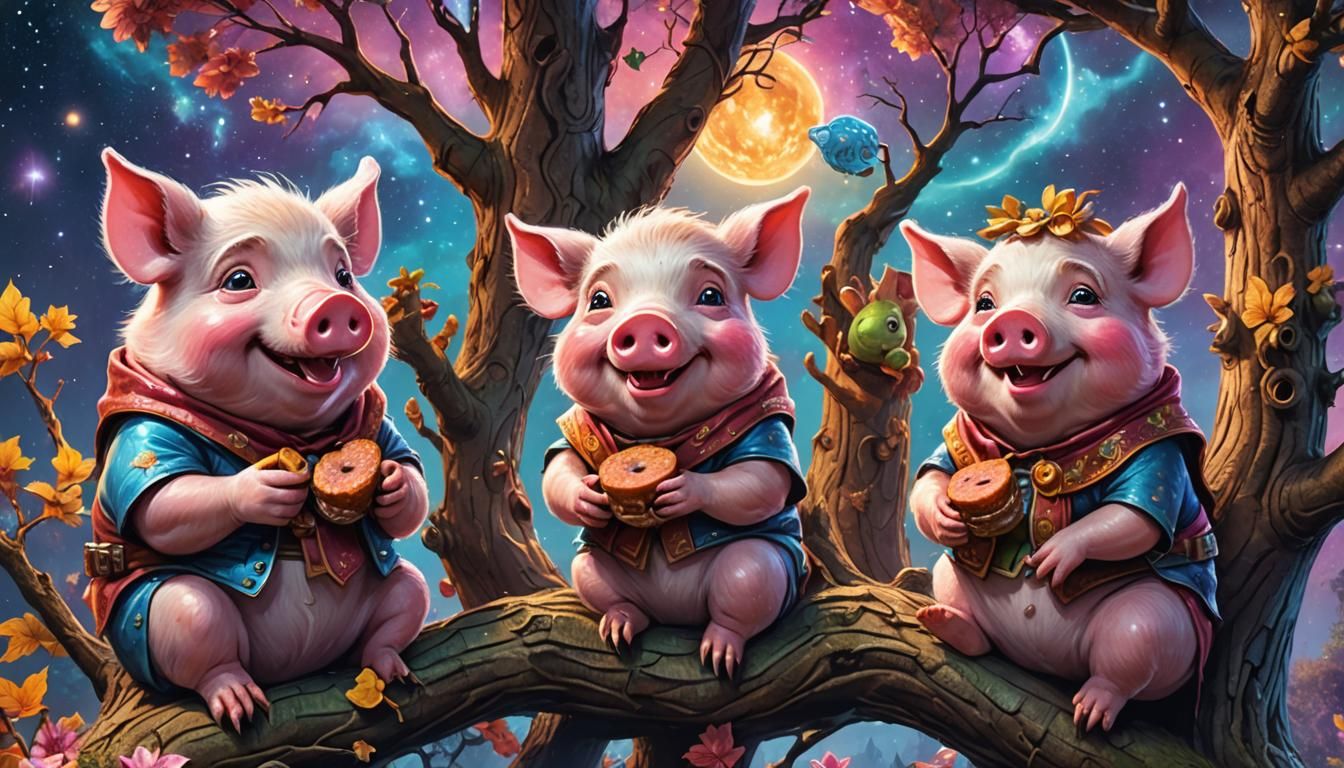 three cheerful little pigs sit on a tree and eat sausage. in this way ...