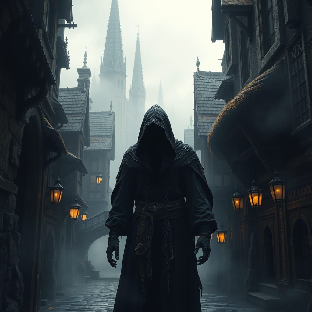 A dark figure, shrouded in an ominous aura, emerges from the shadows ...