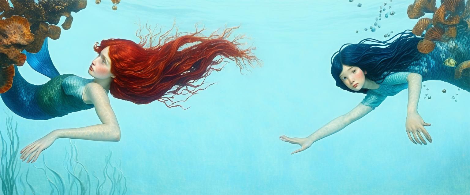 Two mermaids underwater. The first is redhaired, with blue tide,the ...