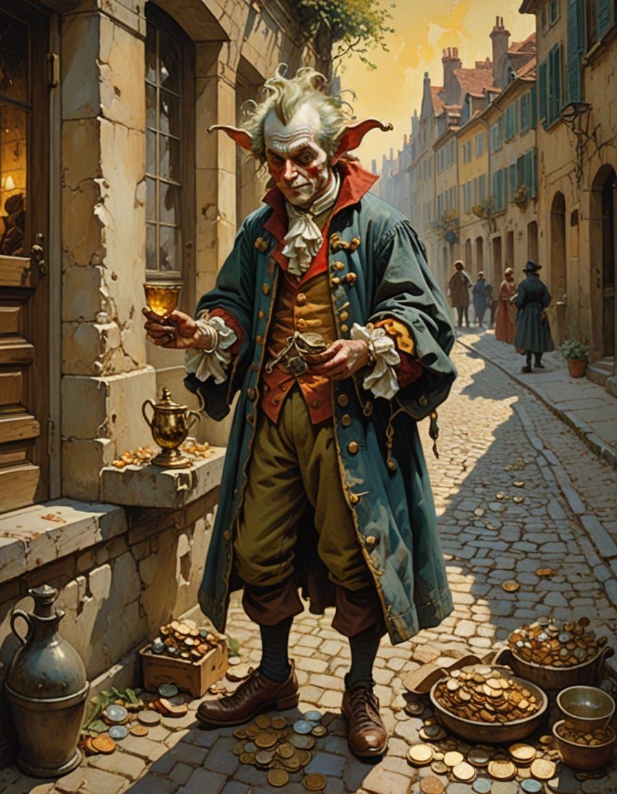 Exiled sad jester asking for coins - Exiled Jester Pleads Un...