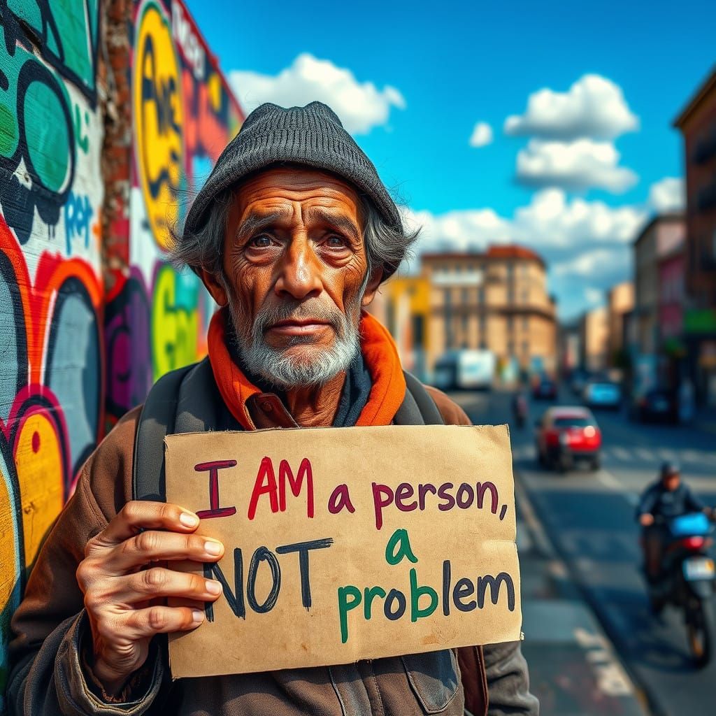 "I'm NOT the problem!" - Weathered Homeless Man Holds Sign i...