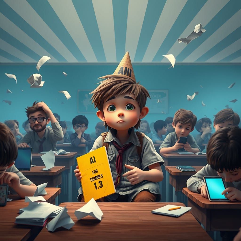 AI for DUMMIES Create a scene of a young school boy sitting in the ...