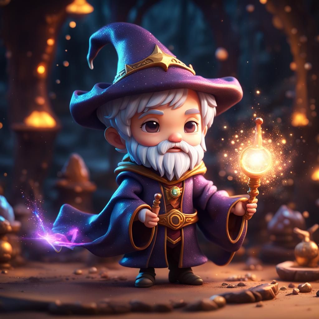Zoom in on a single chibi wizard, casting a spell with an adorable ...