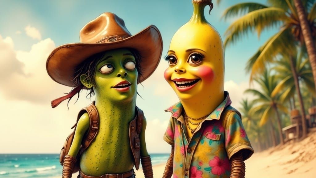 Hyper-Realistic Pickle and Banana Duo in Cowboy an... - AI Art