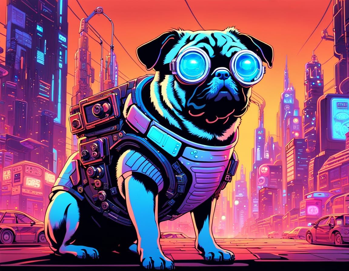 cyberpunk pug 2025 - Cyberpunk Pug in Neon-Lit Cityscape