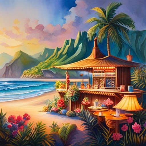 Tiki Bar on a Sandy Beach - AI Generated Artwork - NightCafe Creator