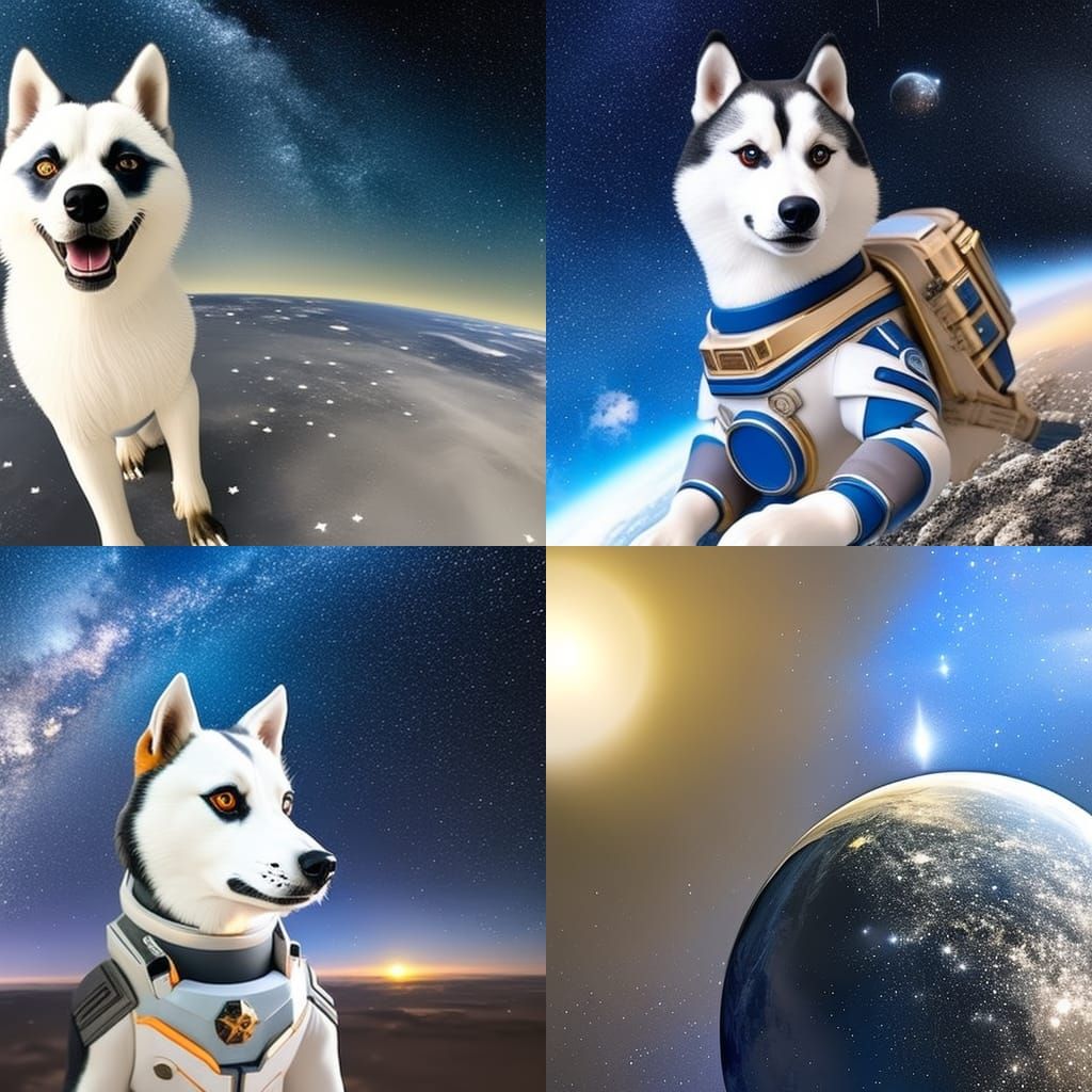 Husky dog as an astronaunt, in a space suit, tiny earth in the distance ...