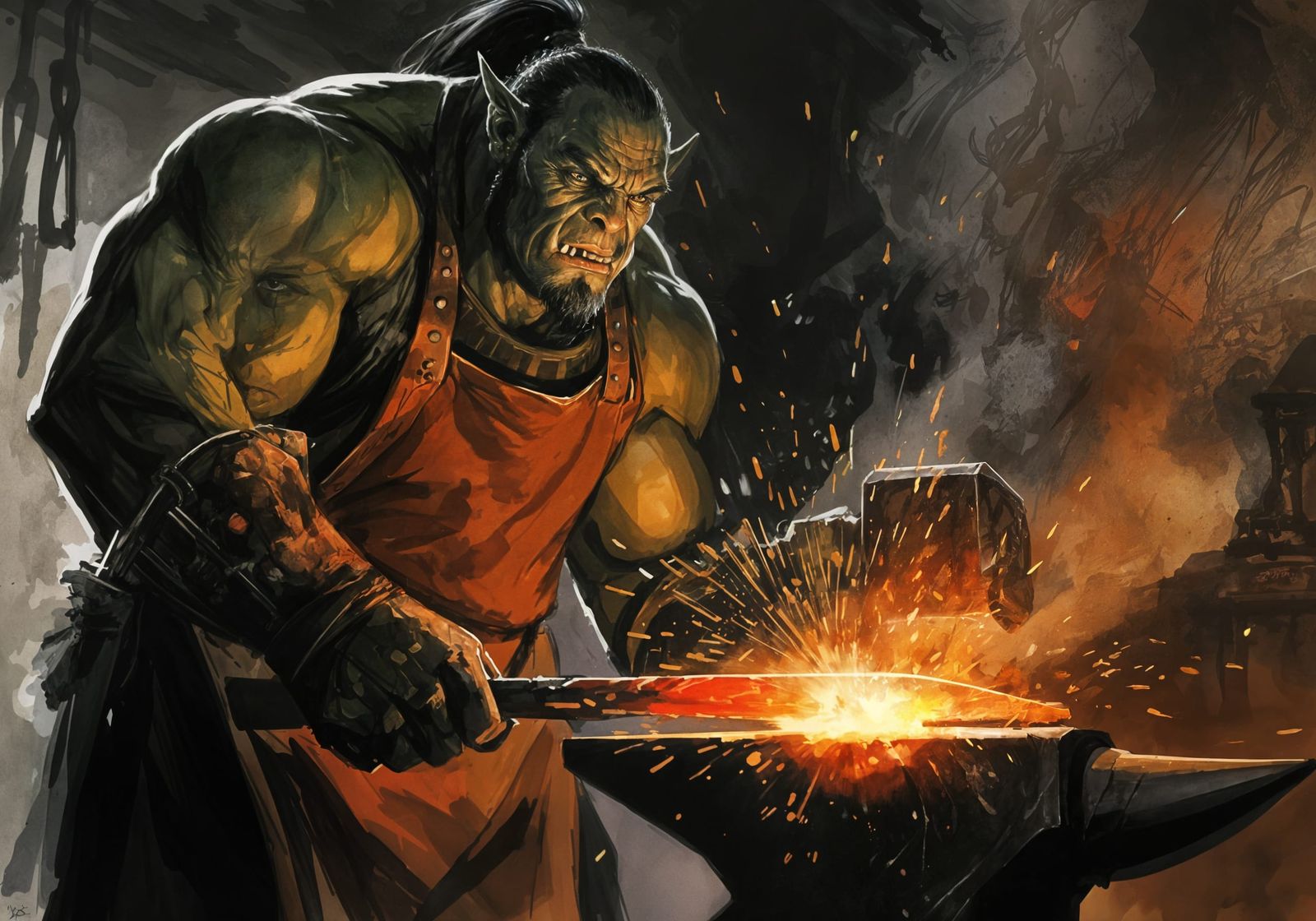 Orc Blacksmith - Orc Blacksmith in Dramatic, Abstract Ink S...
