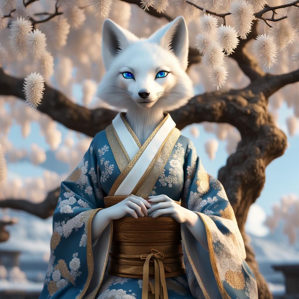 Female anthropomorphic humanoid arctic kitsune with blue eyes, in an ...