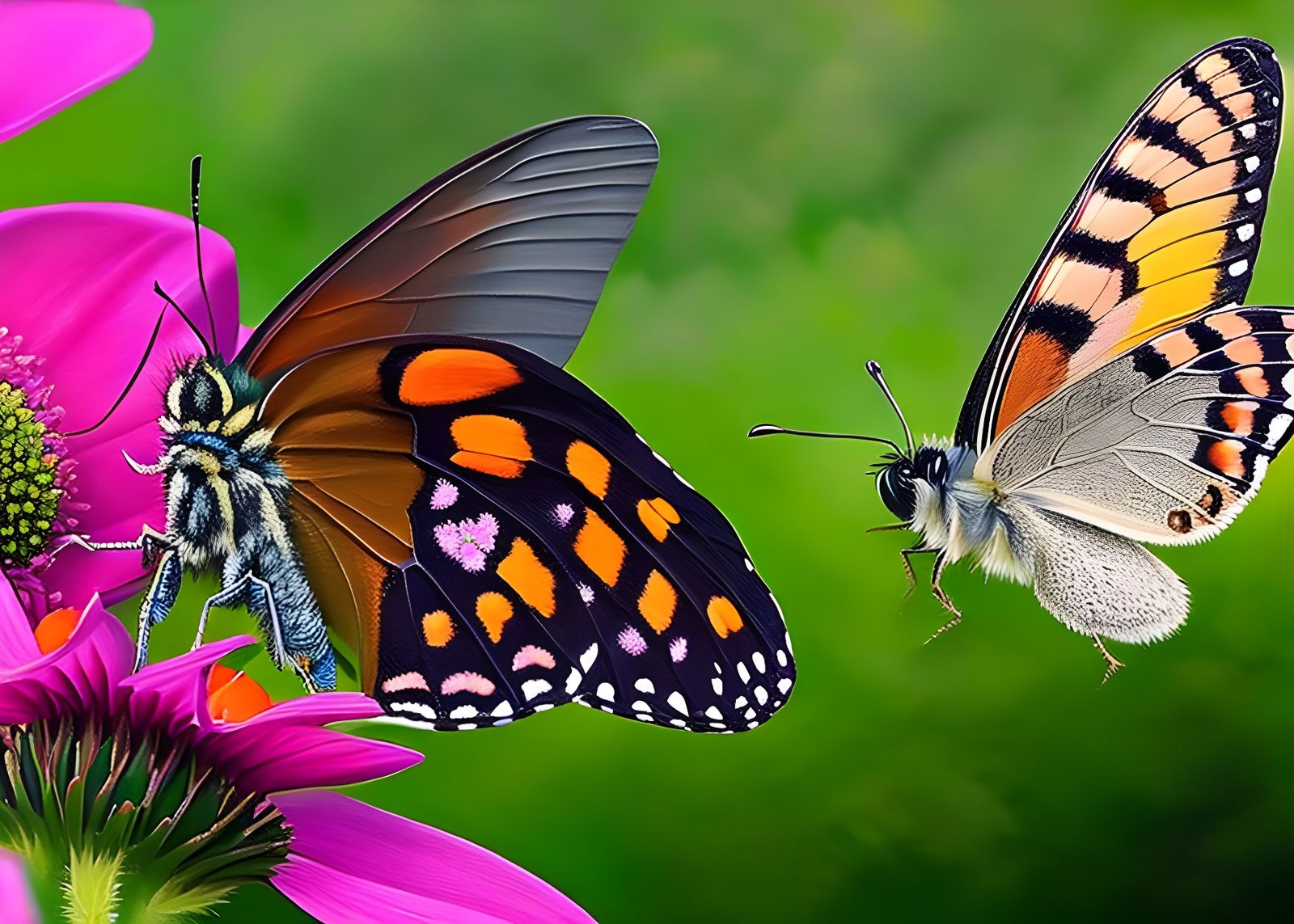 beautiful butterfly landing on a flower and a bee, hyperrealism sharp ...