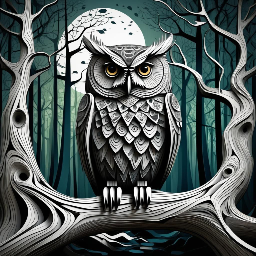A wise old owl lives in A forest of oddly bent and leaning trees - AI ...