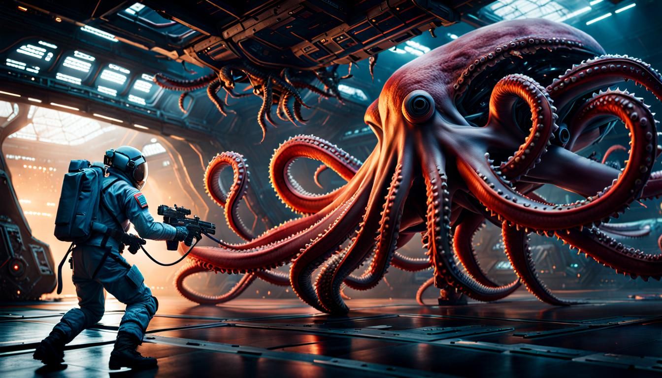 astronaut fighting with octopus alien in a hangar of a spaceship ...
