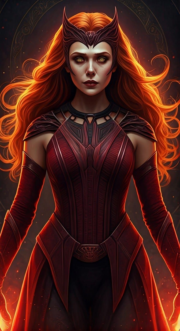 Necromancer Witch in Scarlet Robes with Golden Aur... - AI Art