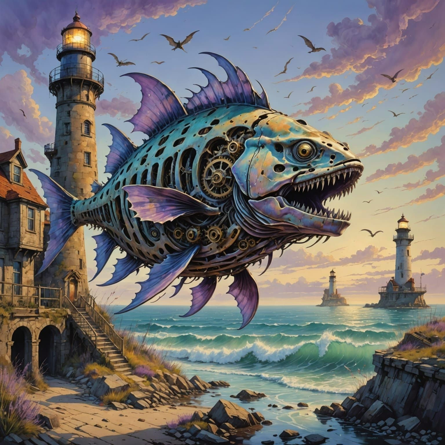 a Surreal Flying Fish - Ethereal Flying Fish Amidst a Crumbl...