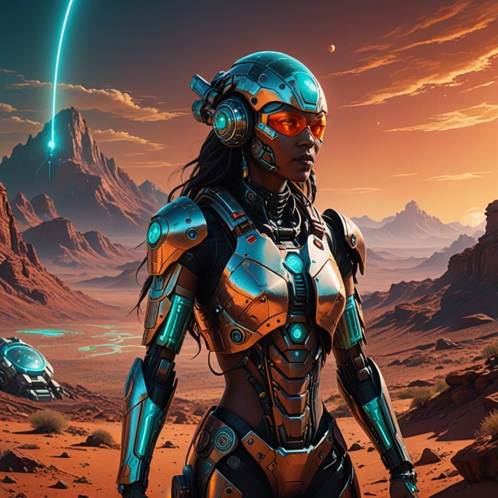 beauty cyborg in the mountains of mars