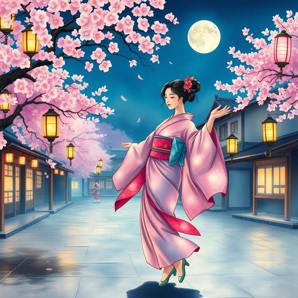 A geisha dances under the blooming sakura trees in a vibrant Japanese ...
