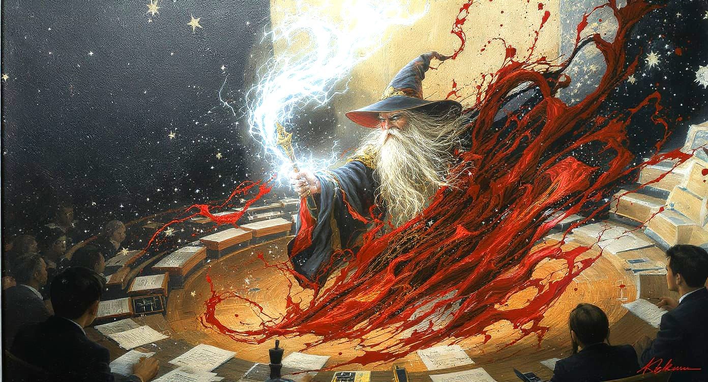 Wizard Performing Magic in Lecture Hall, Impasto O... - AI Art