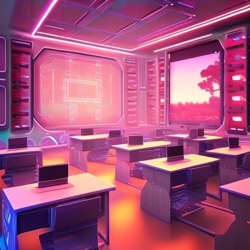 Classroom with a hightech, futuristic Glowwave aesthetic. Version 2 ...