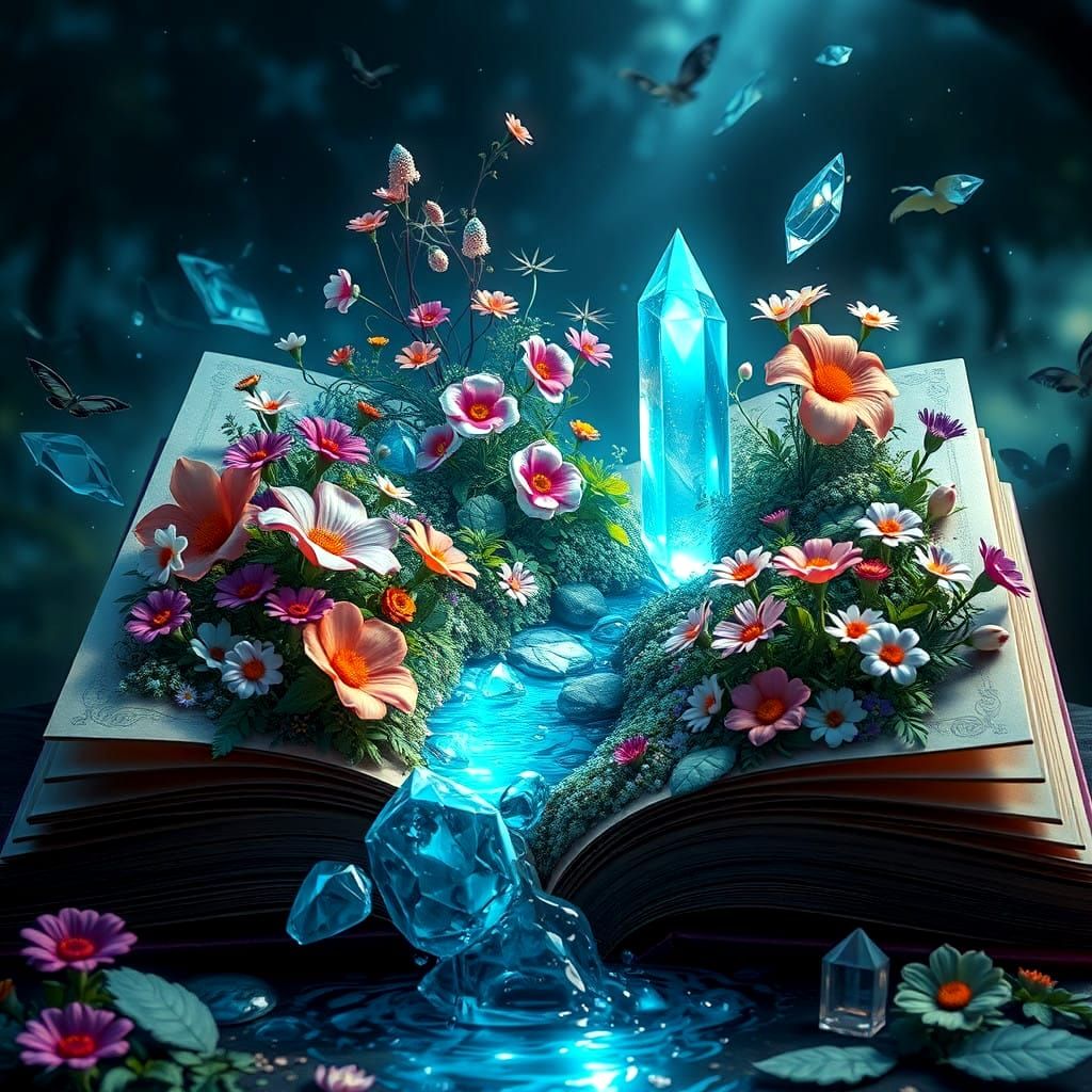 the open book - Enchanted Floral Realm Within Open Tome