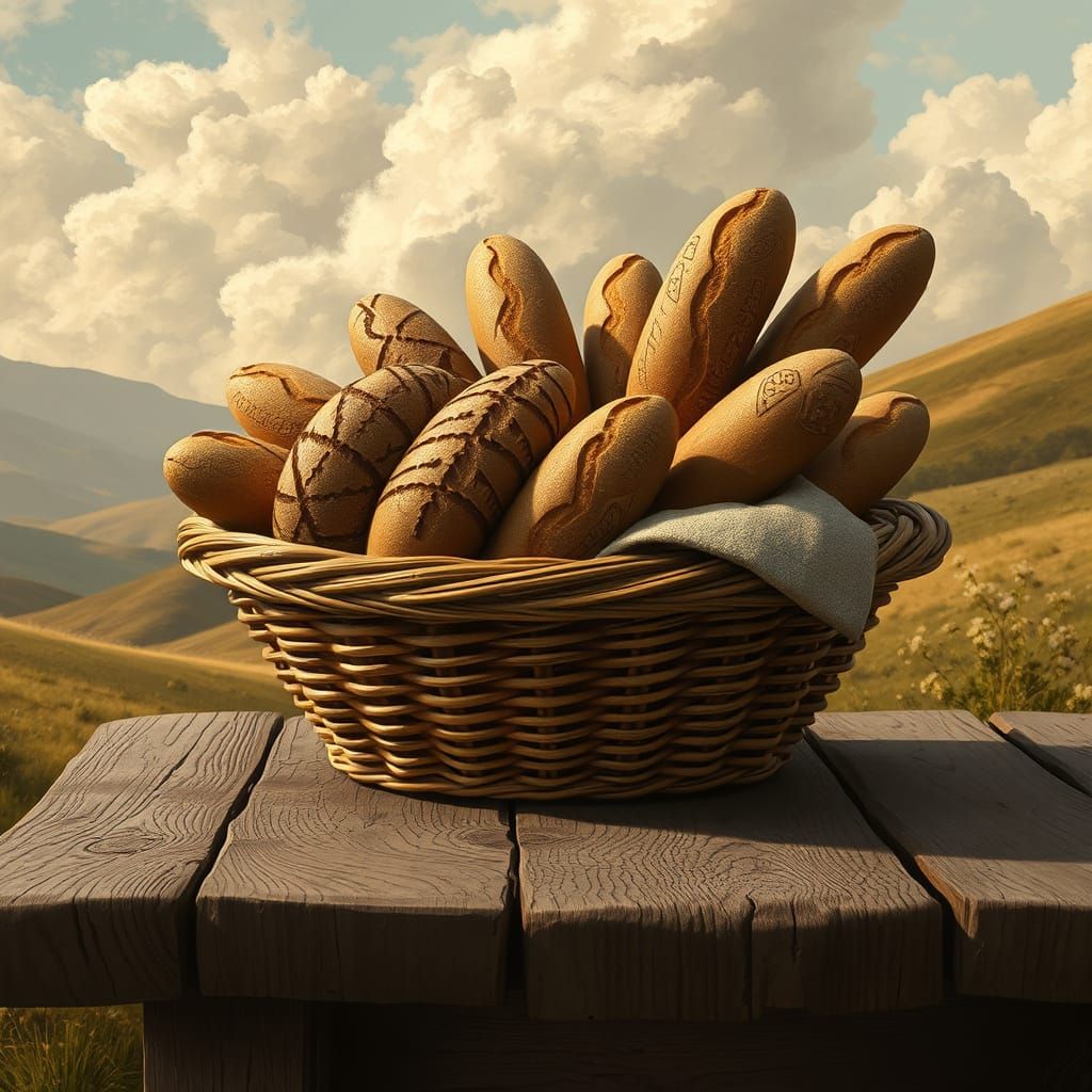 Rustic Bread Basket Scene in Dreamy Gouache Style - AI Art