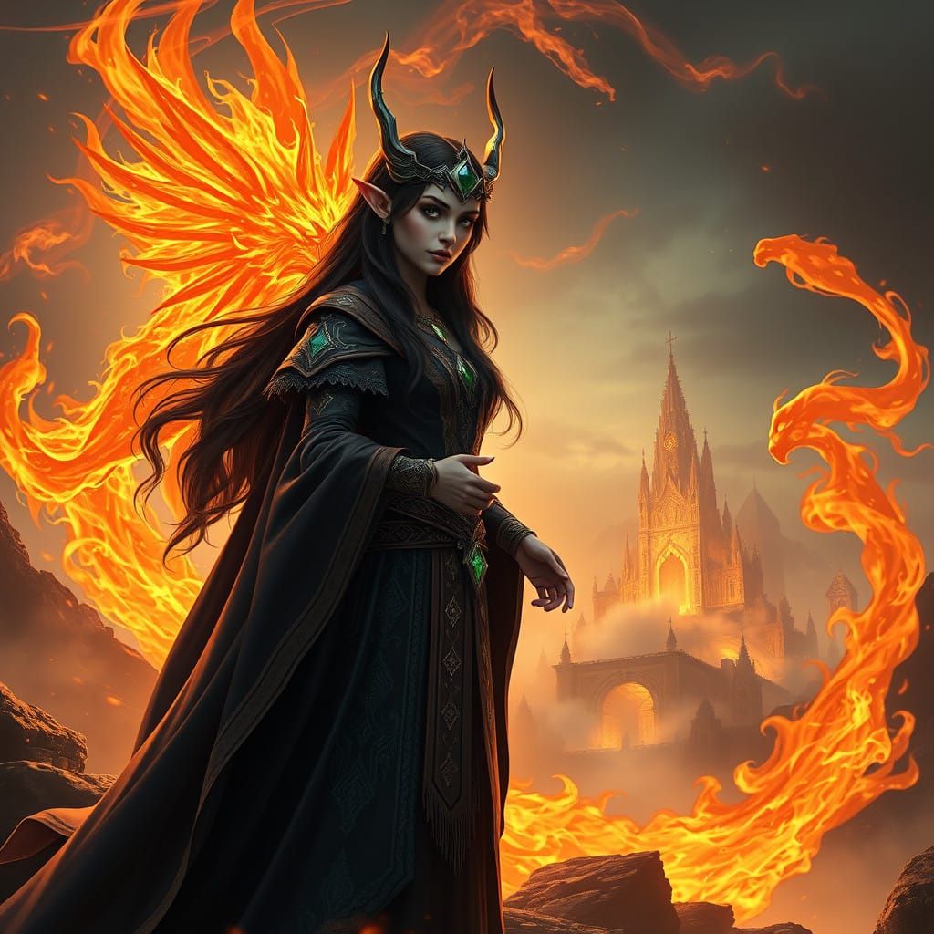 Elf Summoner with Fire Elemental RPG Character Portrait