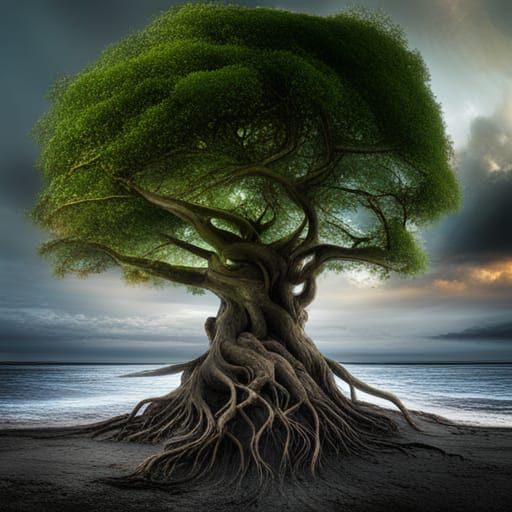 A lonely big tree on the beach - AI Generated Artwork - NightCafe Creator
