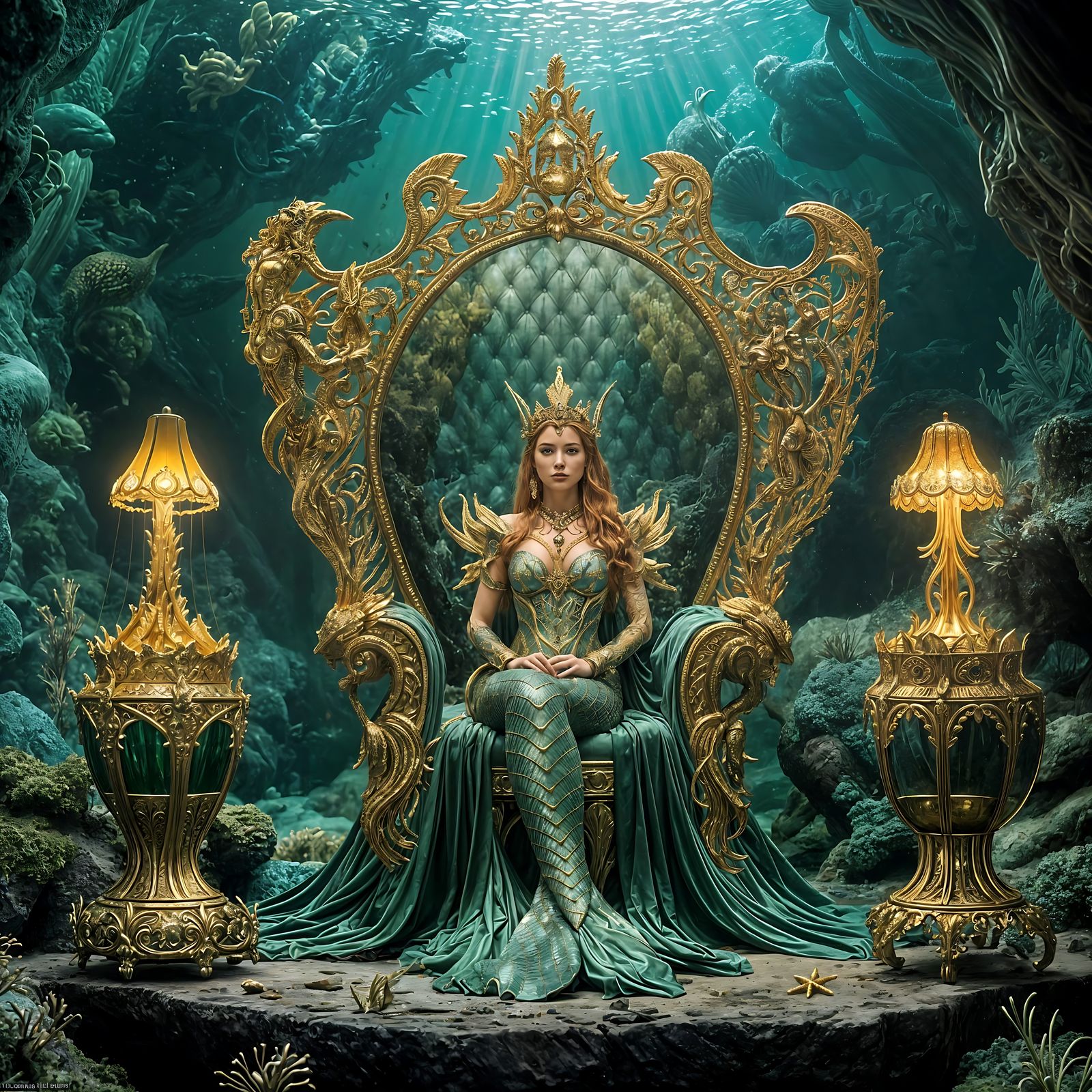 Mermaid queen undersea throne - Majestic Starfish Queen on a...
