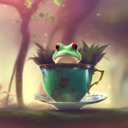 Cute tree frog in a teacup, Epic cinematic brilliant stunning intricate ...