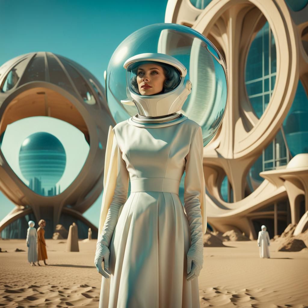 1950s sci fi, Tall, elegant woman wearing white domed helmet and long ...