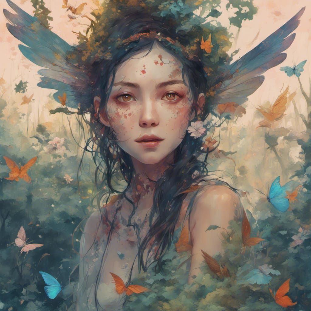 ""Portrait of a beautiful nymph with wings!!! in the forest ...