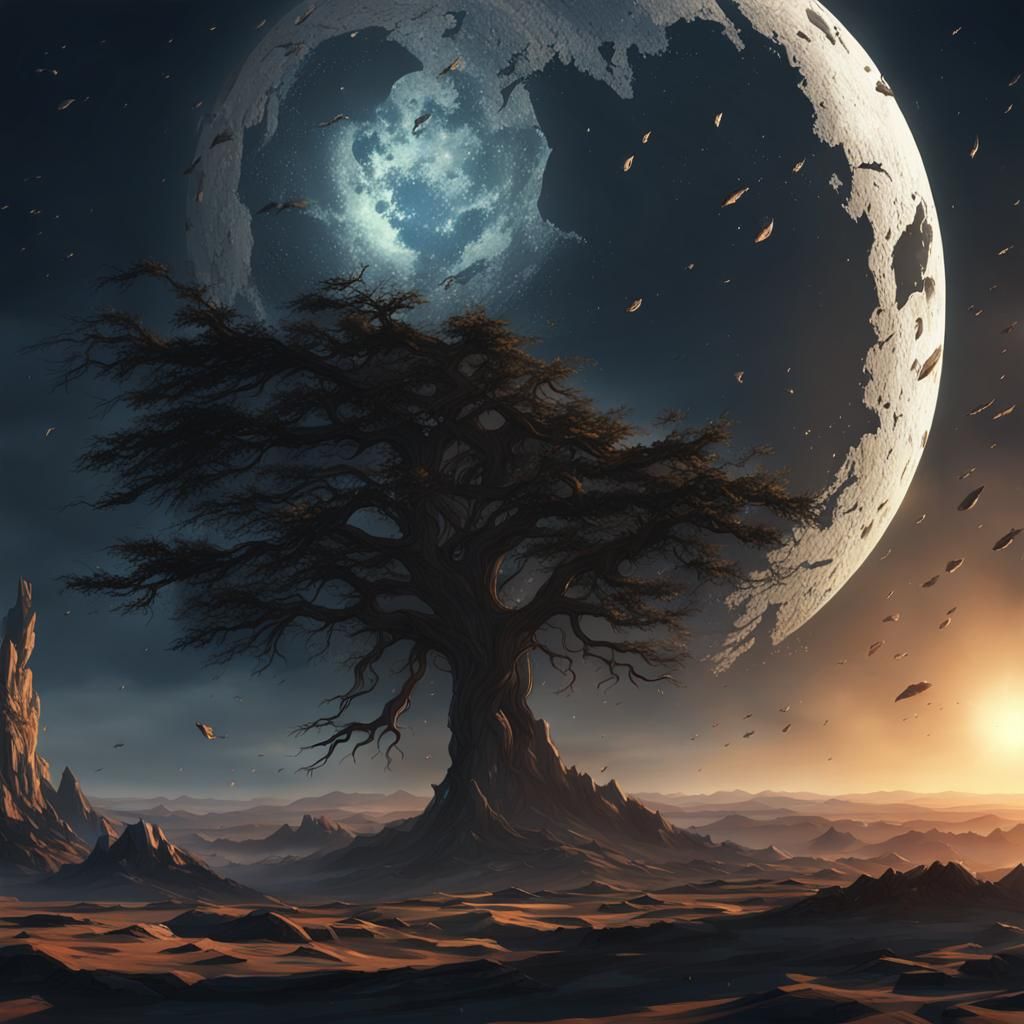 4k. Fantasy concept art. A large shattered moon hangs close in the sky ...