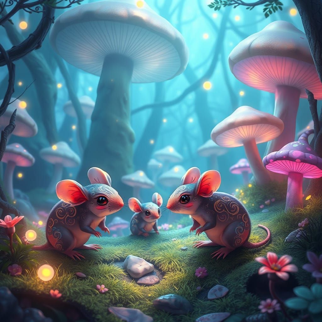 Mythical Mice in a Dreamlike Mushroom Forest - AI Art