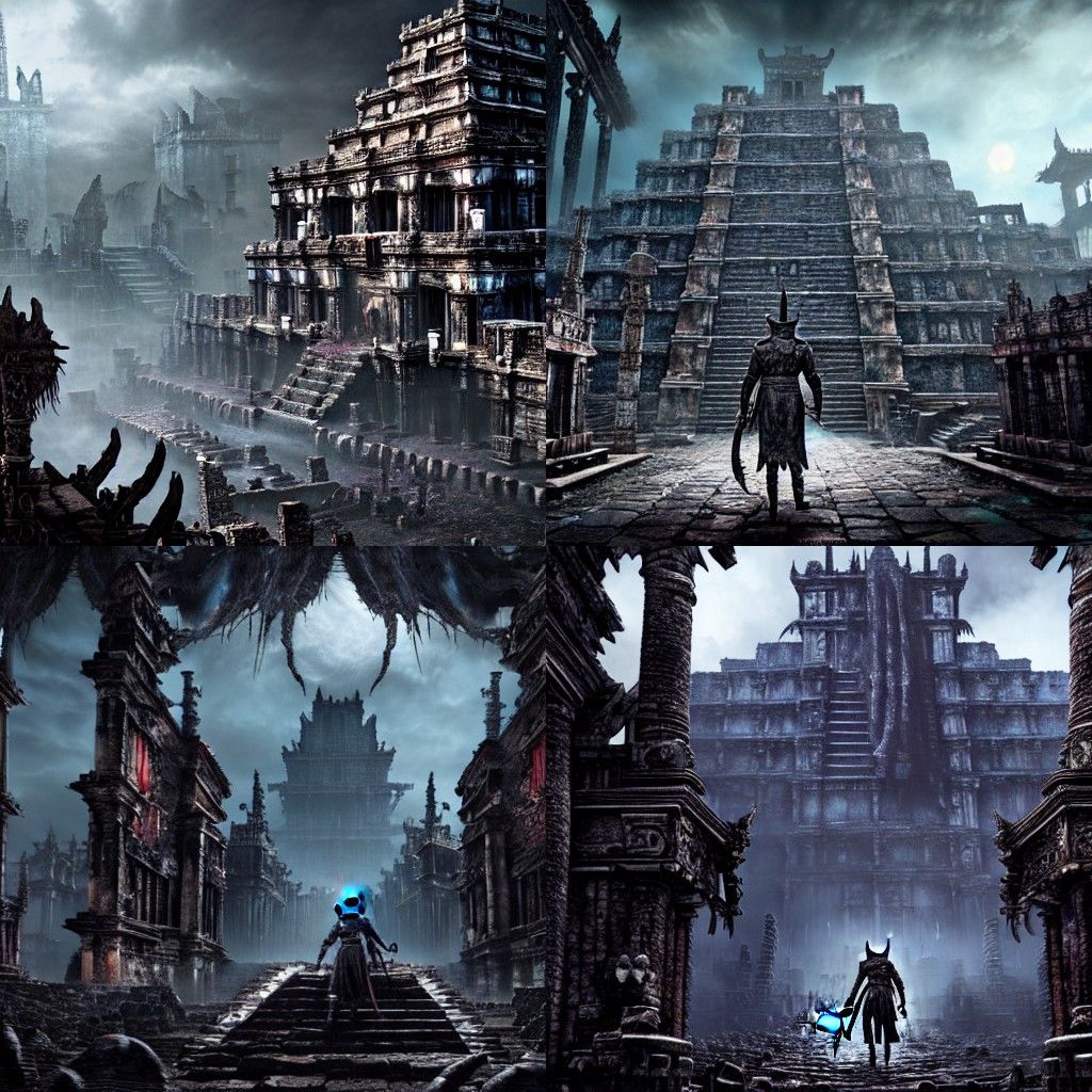 Bloodborne, Mayan city, eldritch, incredibly detailed maximalist matte ...