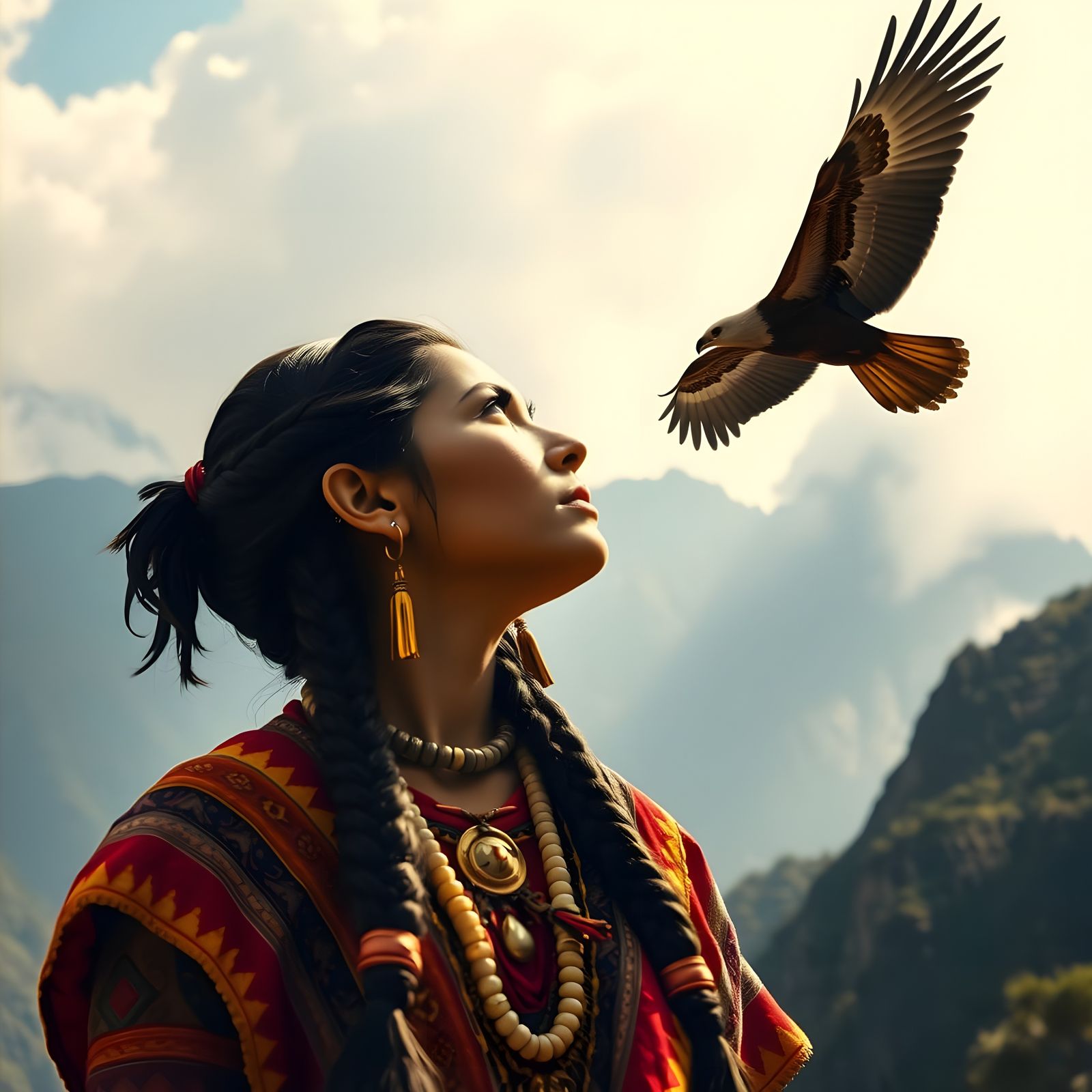 beautiful young inca woman looking up at a flying giant condor.