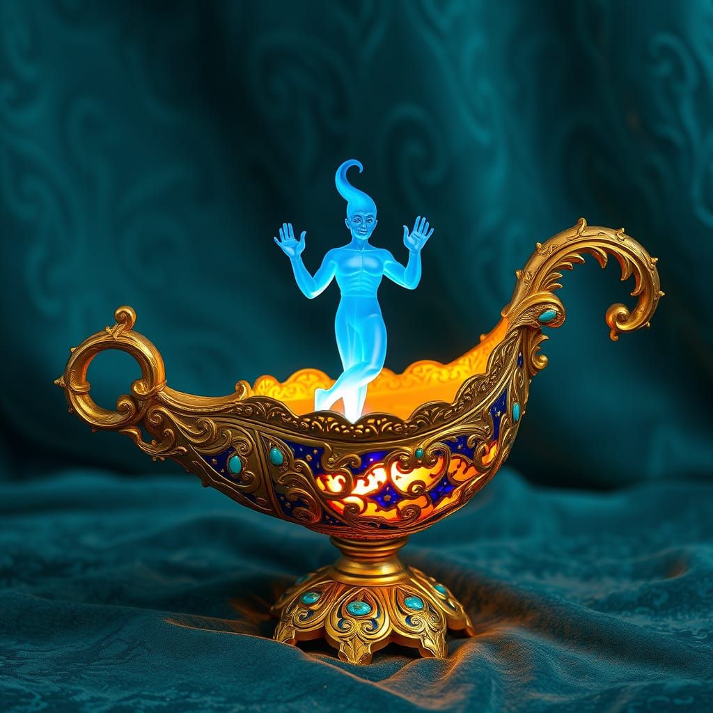 Genie Lamp - Golden Genie Lamp with Rising Ethereal Form