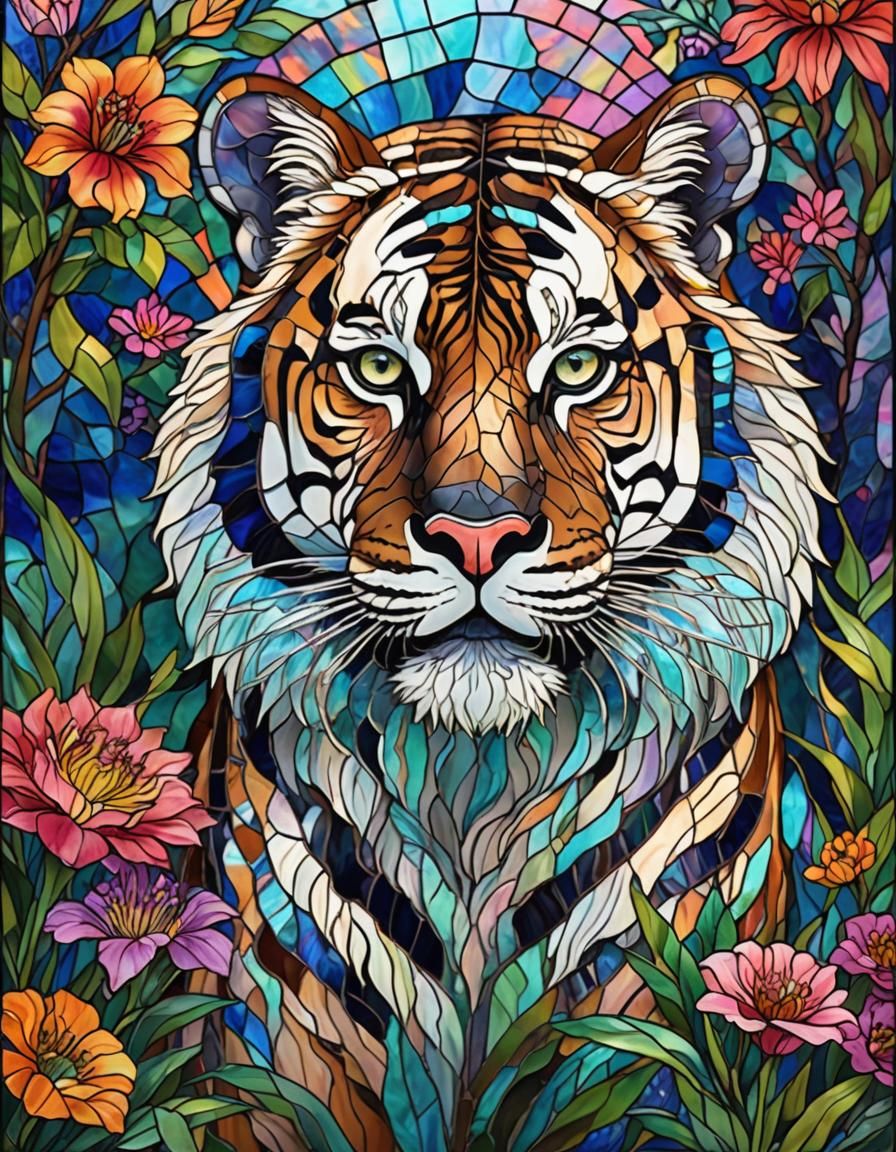 (Intricately detailed stained glass art of a magical tiger with ...