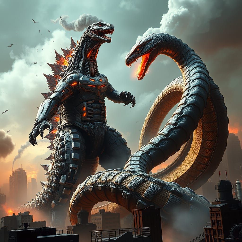 Mecha Godzilla Battles Radioactive Snake in Ruined... - AI Art